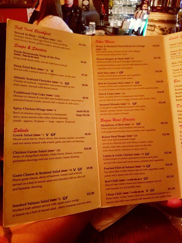 Menu at The Brazen Head pub & bar, Dublin