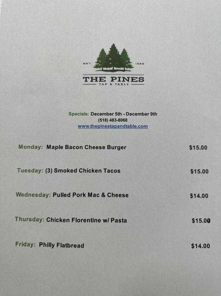 Menu at The Pines Tap and Table pub & bar, Malone