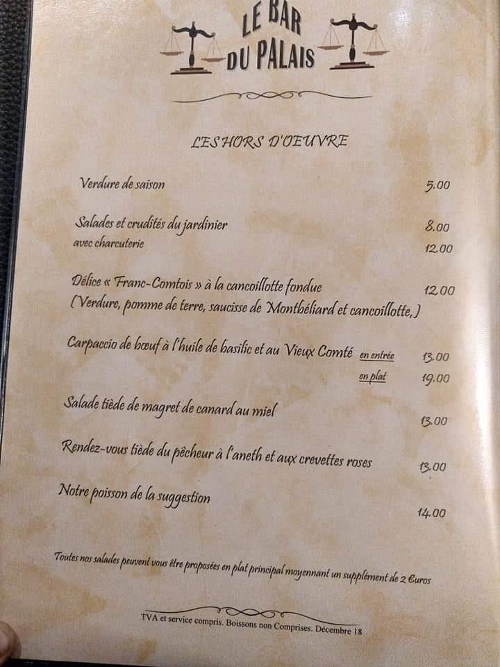 Menu au Restaurant Du Palais, Belfort