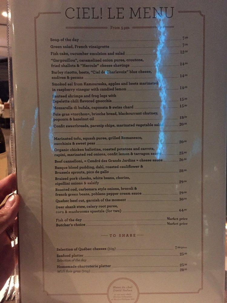 Menu au Ciel! Bistro Bar Tournant, Québec