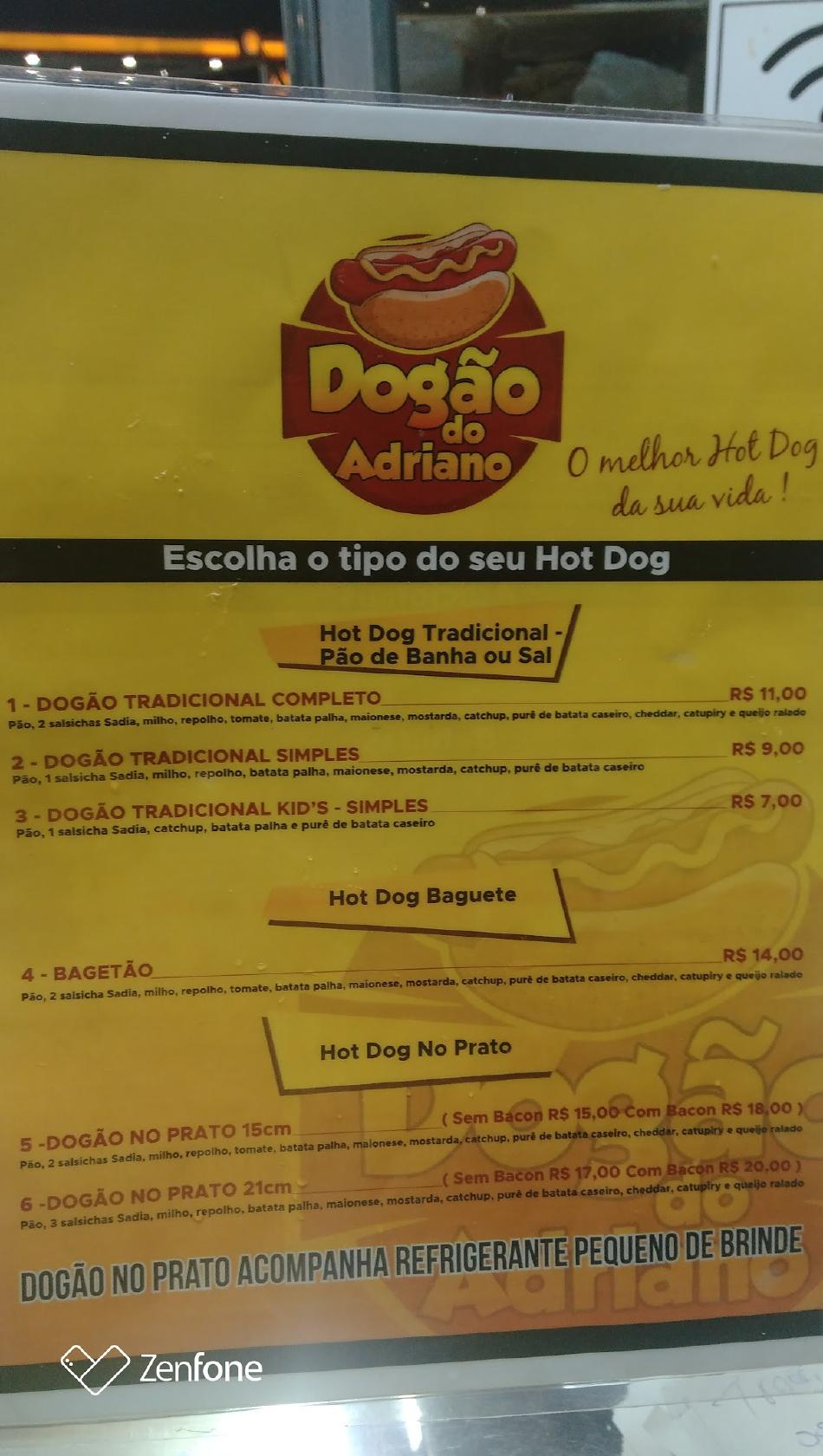 Menu at Dogão do Adriano restaurant, Osasco