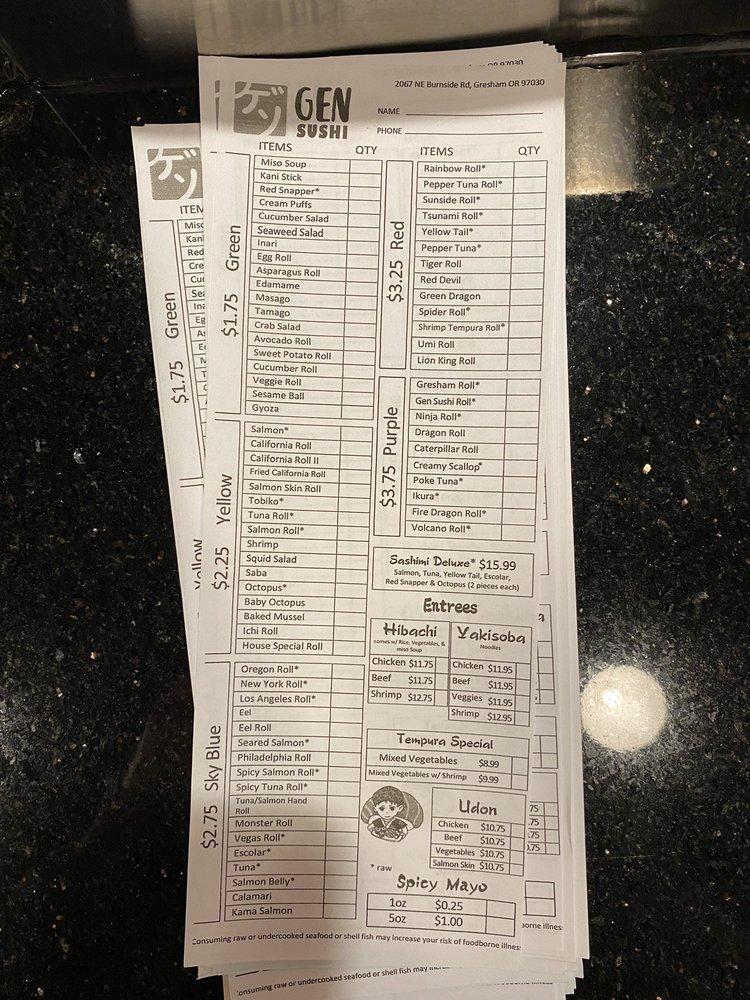 Menu at Gen Sushi restaurant, Gresham