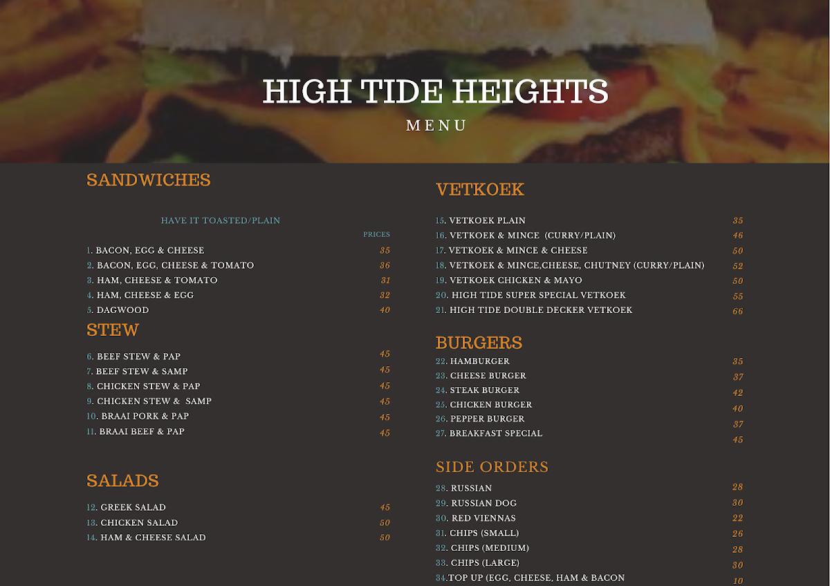 Menu at High Tide Heights. steakhouse, Bloemfontein