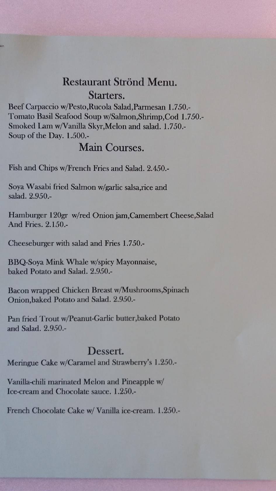Menu at Hygge Restaurant & Bar, Iceland