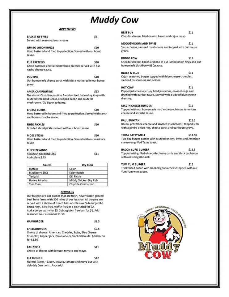 Menu at Muddy Cow - Cottage Grove pub & bar, Cottage Grove