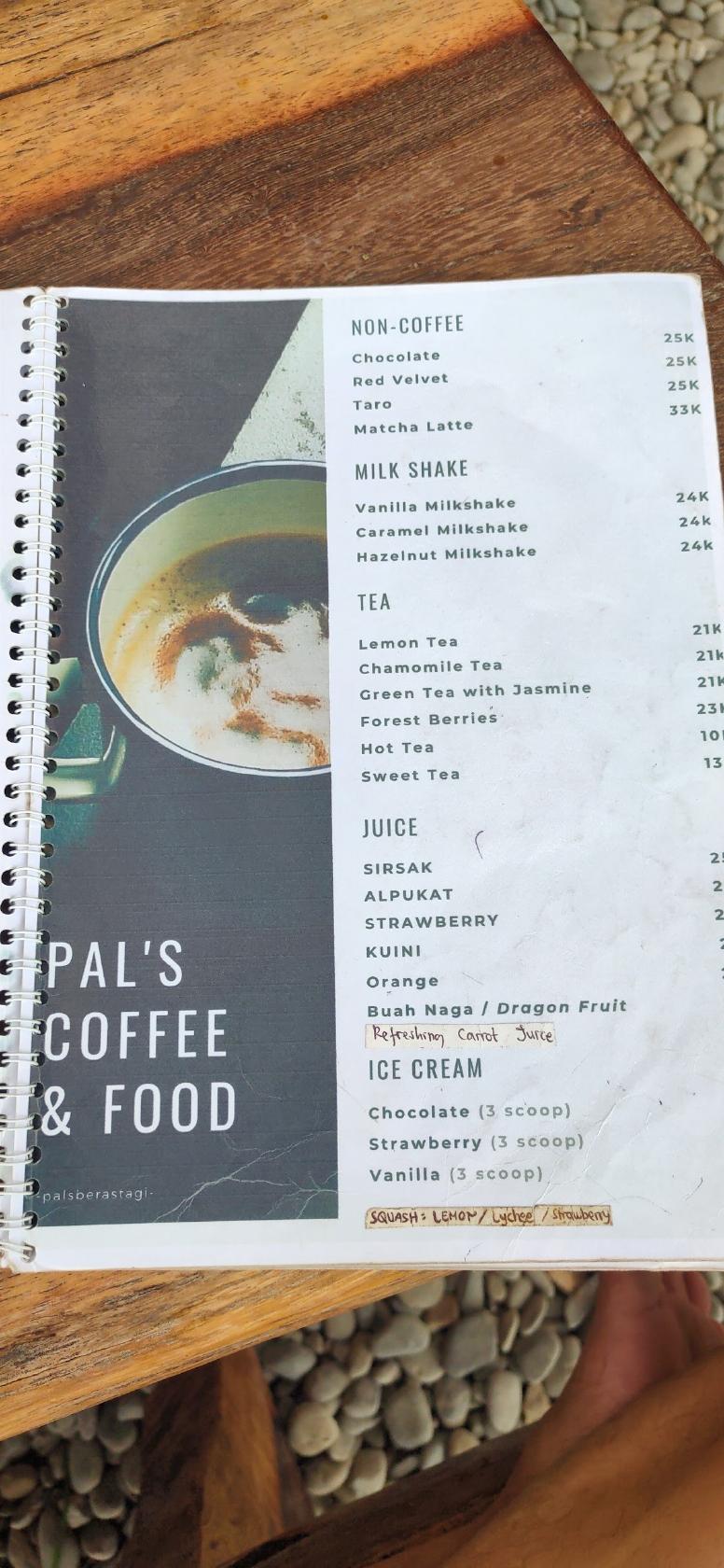 Menu at PAL’S Coffee cafe, Gundaling II