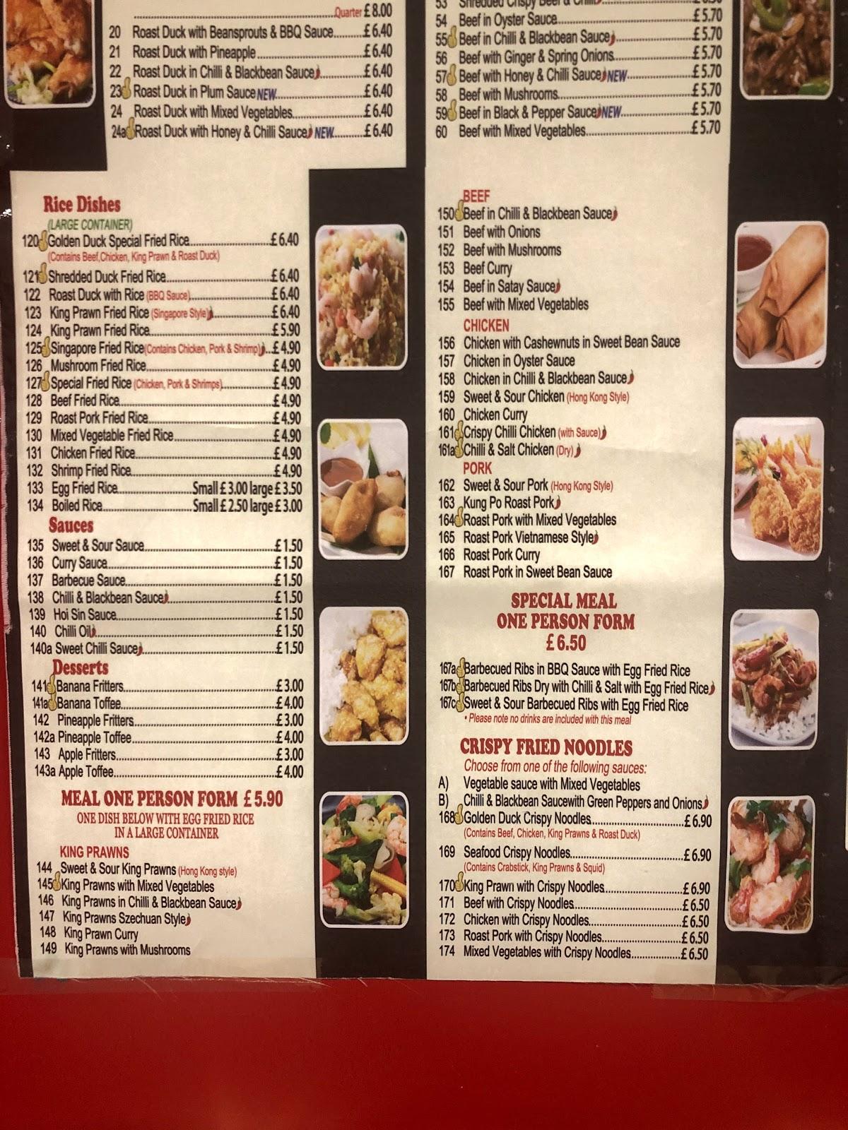 Menu at The New Golden Duck fast food, London, 425 High Rd