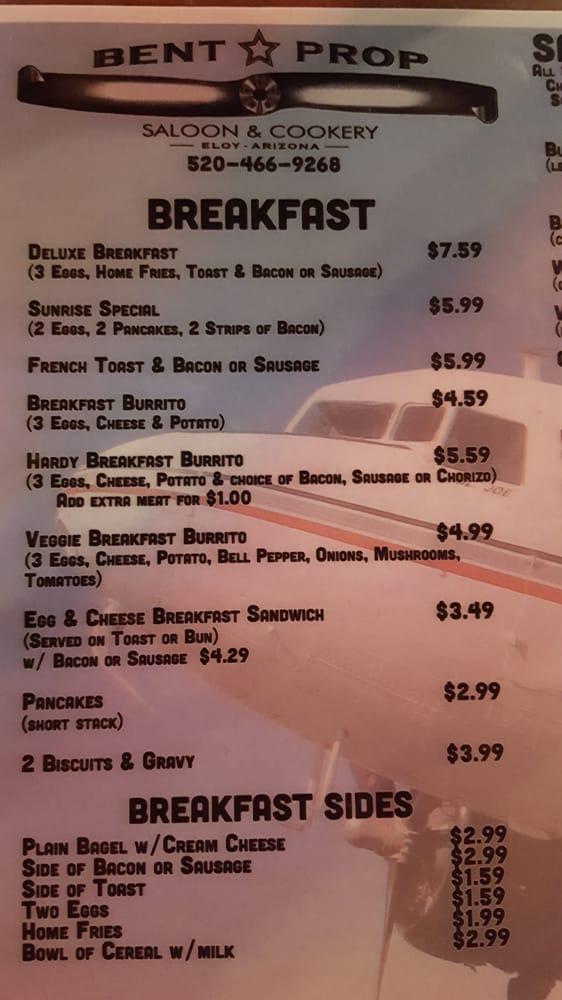 Menu at Bent Prop Saloon & Cookery pub & bar, Eloy