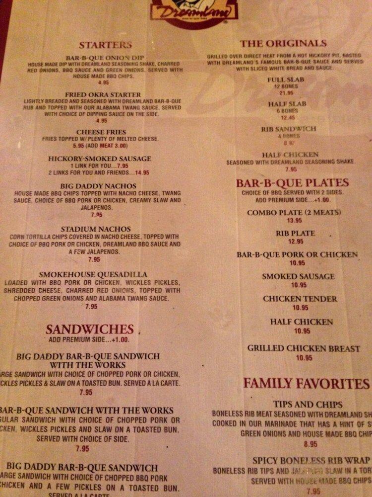 Menu at Dreamland BBQ, Duluth