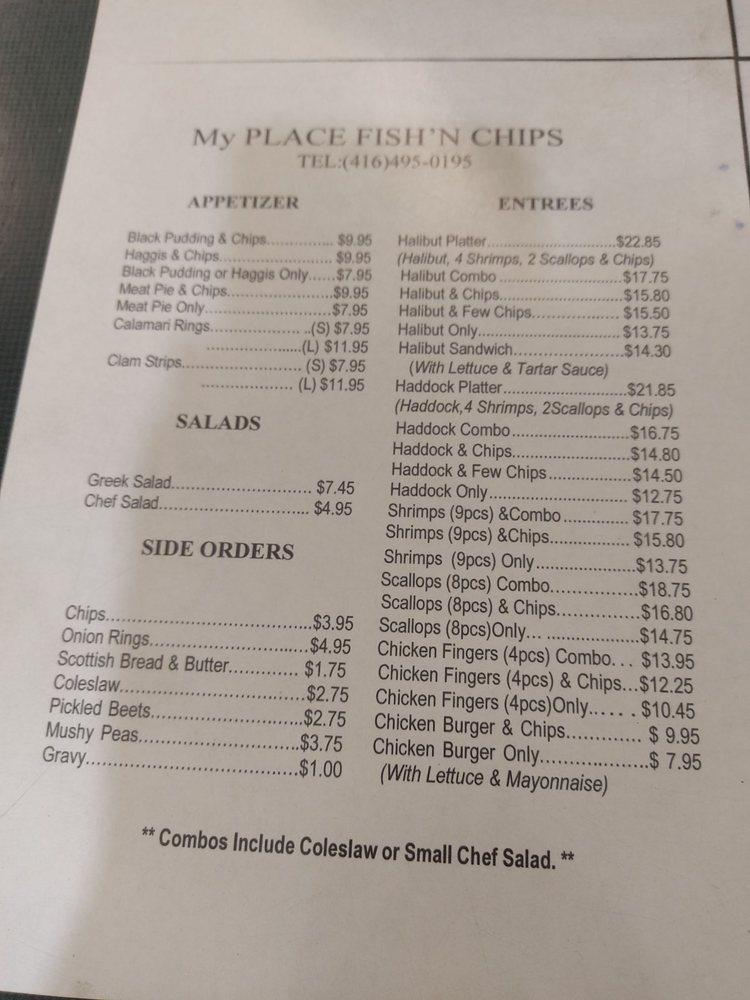 Menu at My Place Fish & Chips restaurant, Toronto