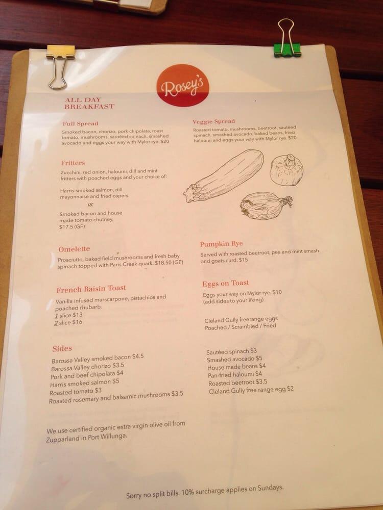 Menu at Rosey's Unley cafe, Unley