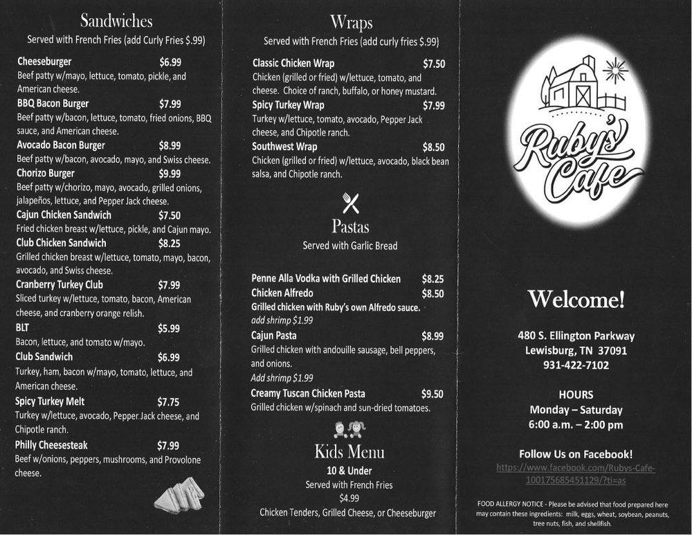Menu at Ruby's Cafe, Lewisburg
