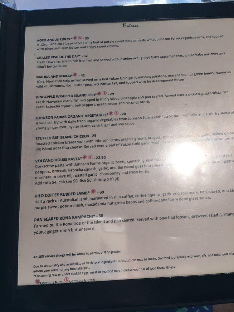 Menu at The Rim restaurant, Volcano, 1 Crater Rim Drive