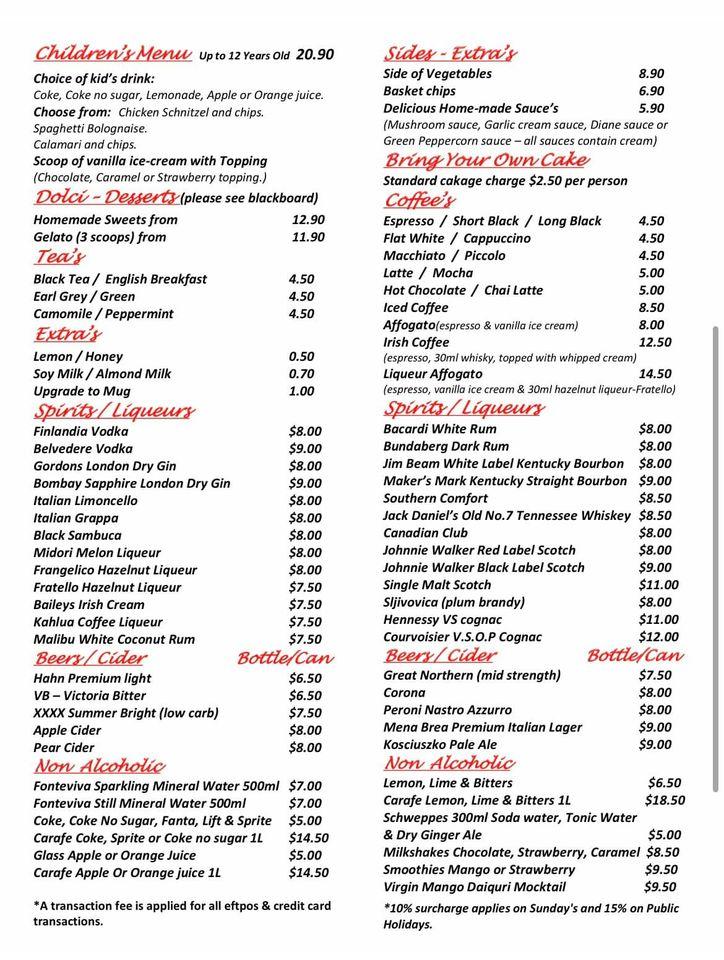 Menu at Tre Bambini Italian & Seafood Restaurant, Berry