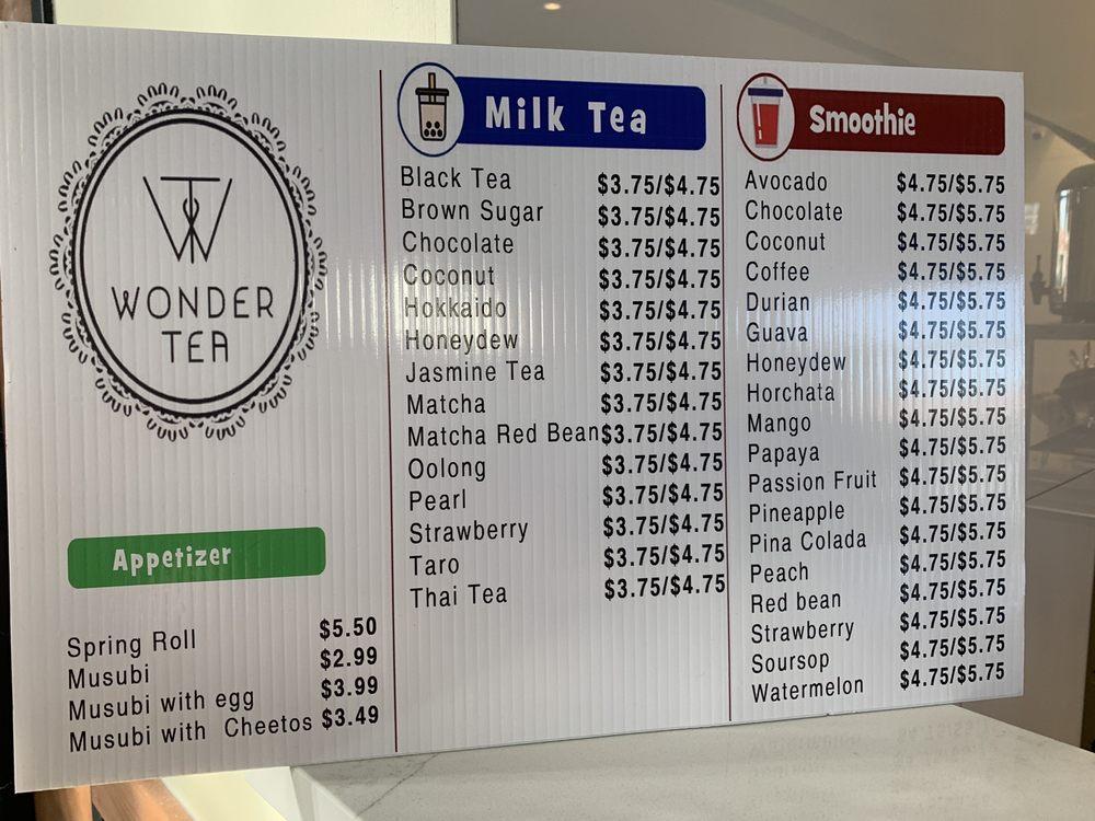 Menu at Wonder Tea, Fort Collins