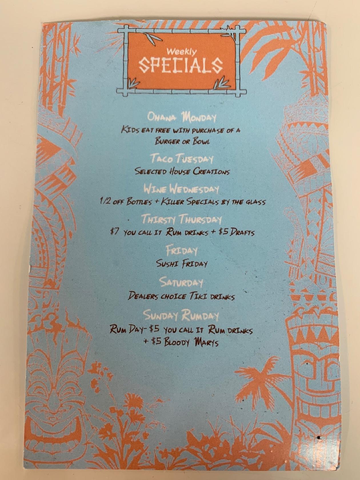 Menu at Aloha Snacks restaurant, Virginia Beach