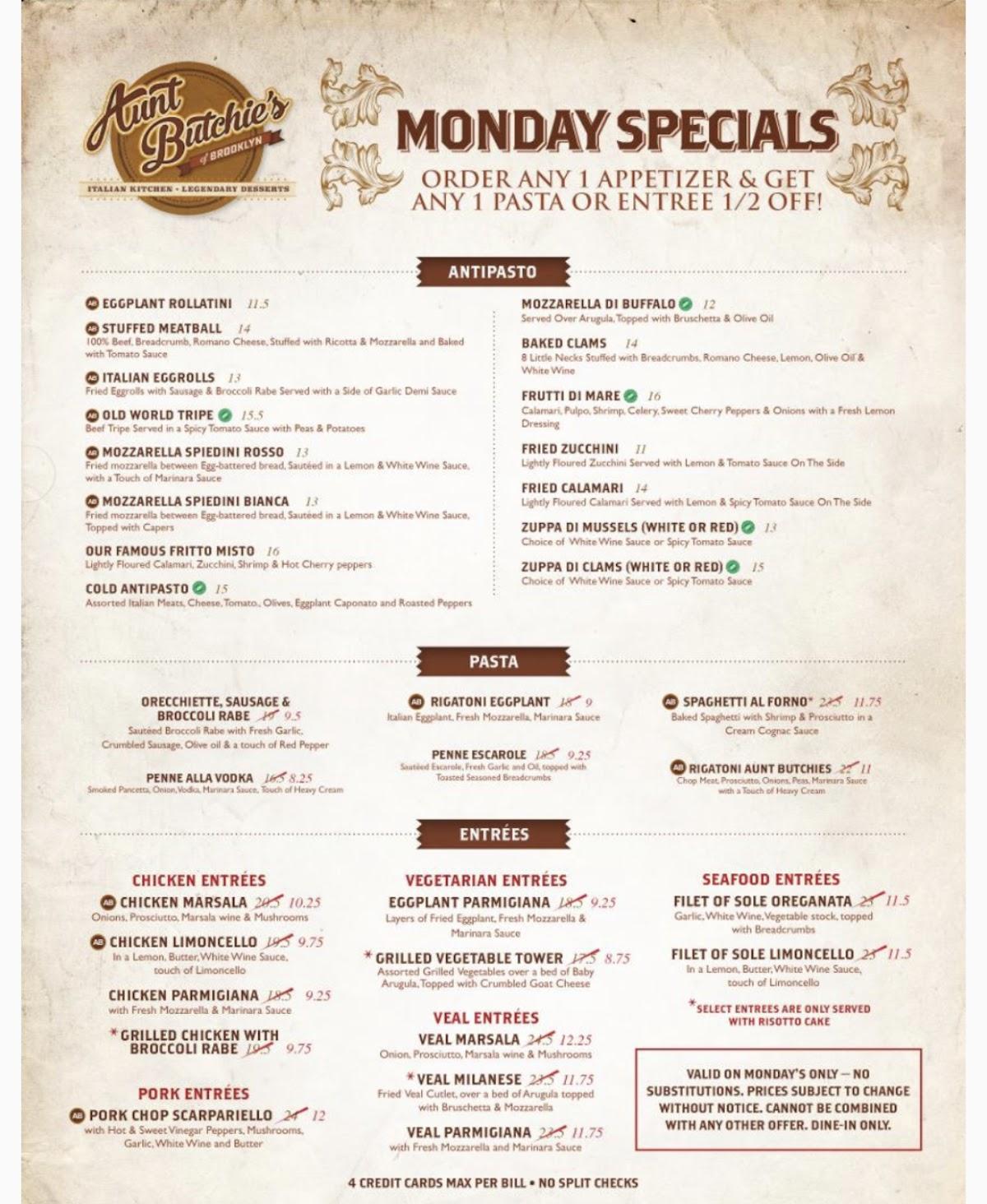 Menu at Aunt Butchies of Brooklyn restaurant, Marlboro Township