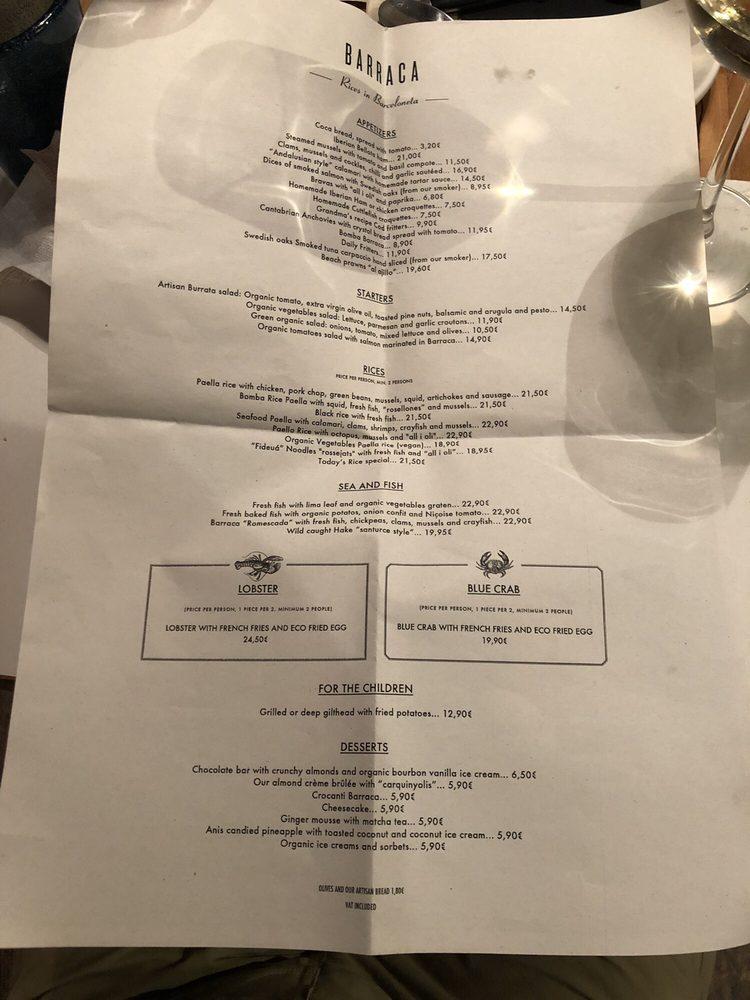 Menu at Barraca, Barcelona, Pg. Marítim de la Barceloneta