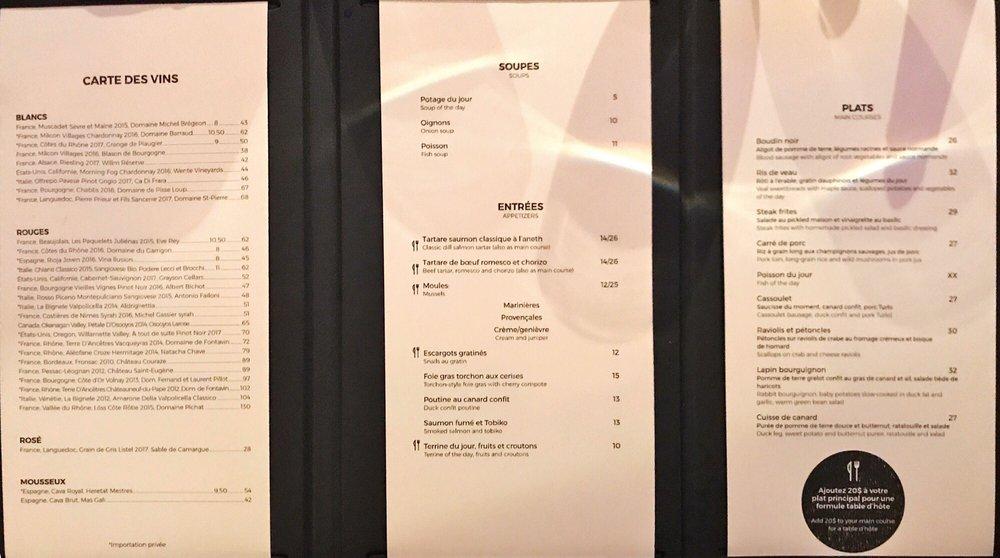 Menu at Bistro St-Malo restaurant, Québec City, 75 Rue Saint-Paul