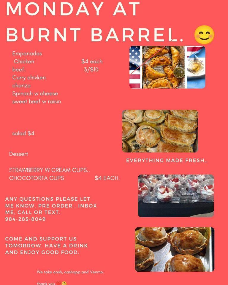 Menu at Burnt Barrel, Youngsville