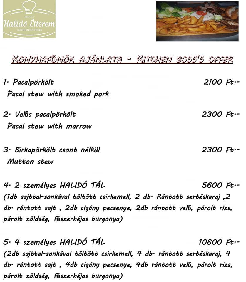 Menu at Halidó étterem restaurant, Hajdúnánás