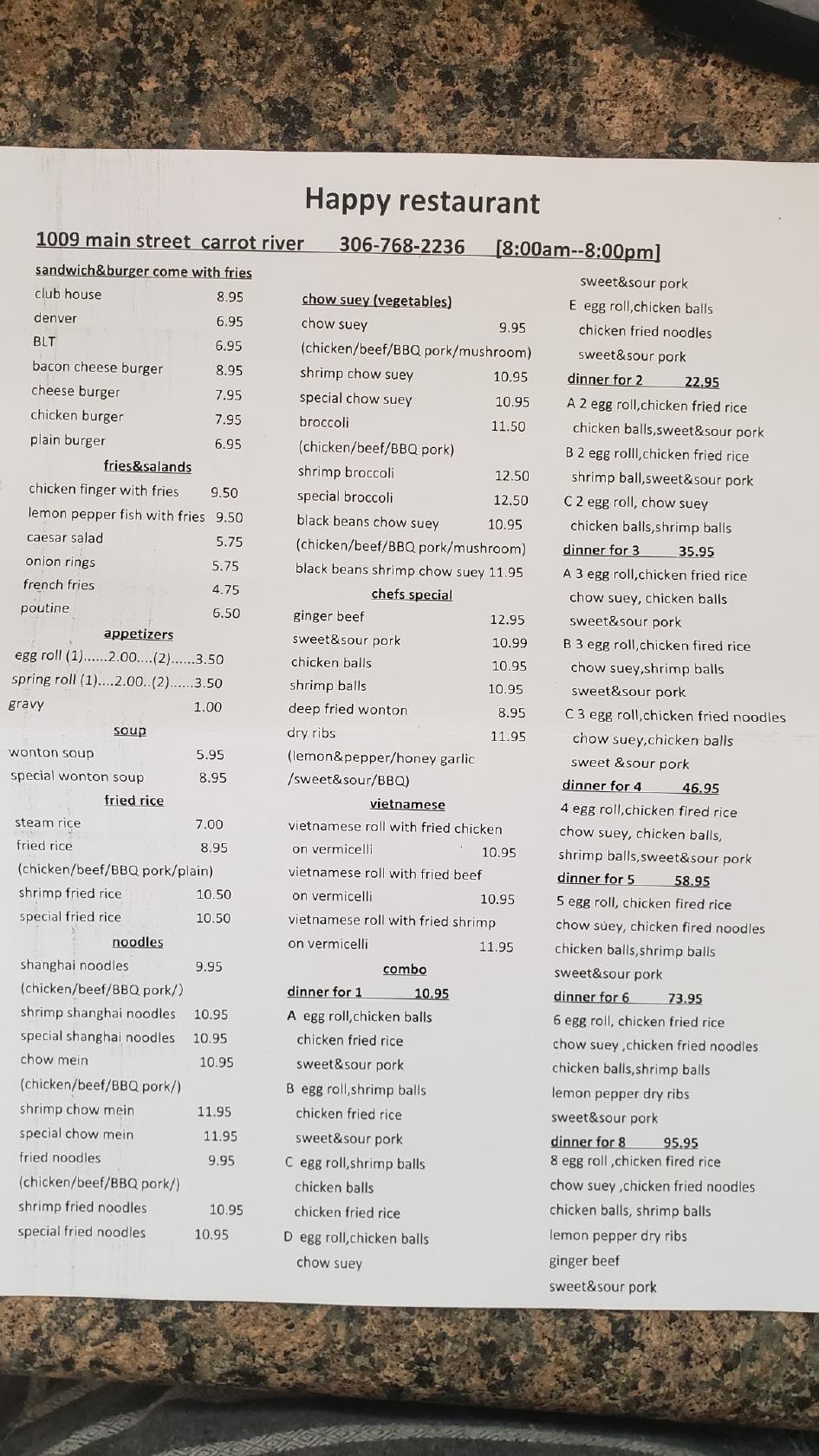 Menu at Happy Restaurant, Carrot River