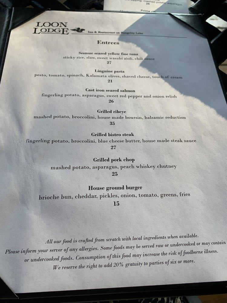 Menu at Loon Lodge Inn and Restaurant, Rangeley