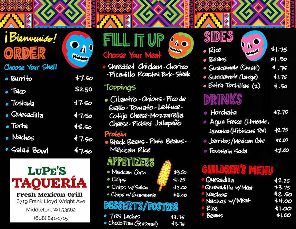 Menu at Lupe's Taqueria restaurant, Middleton