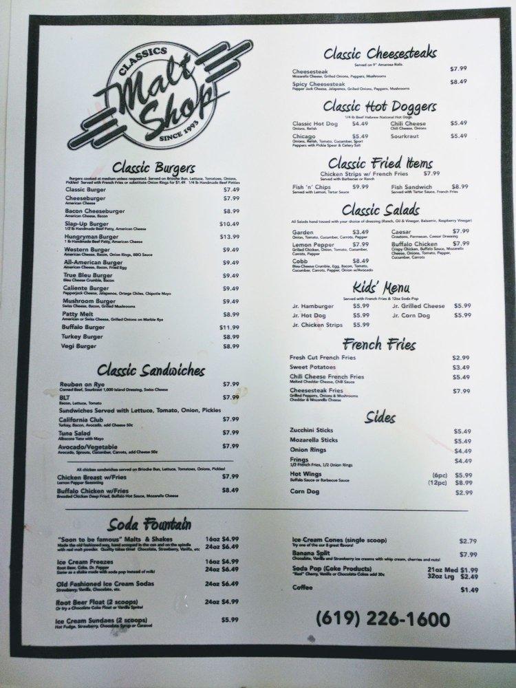 Menu at Midway Classic Malt Shop restaurant, San Diego, Midway Dr Suite B
