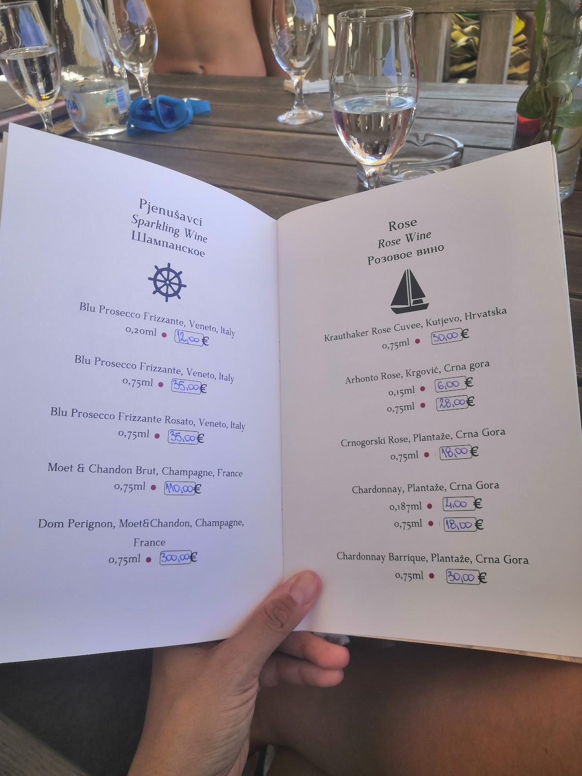Menu at Porto Adriatic restaurant, Mirišta