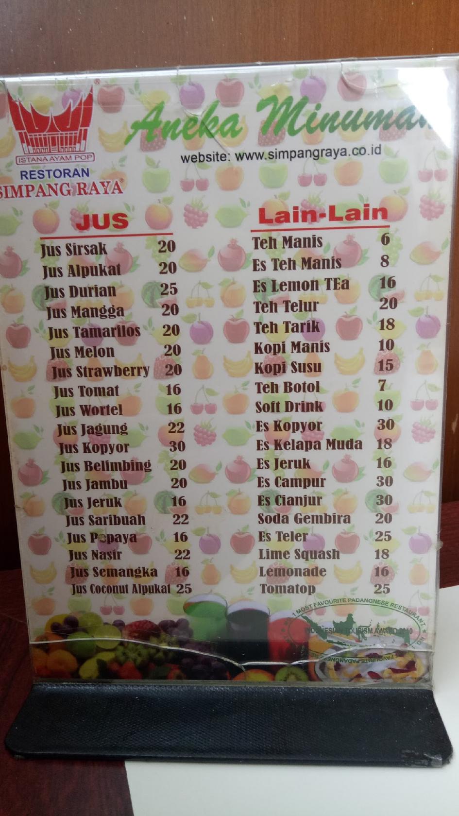Menu at Restoran Simpang Raya - Km 13 restaurant, Tangerang, Rest Area ...