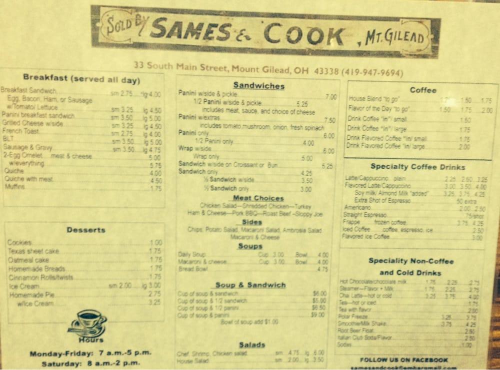 Menu at Sames & Cook cafe, Mount Gilead