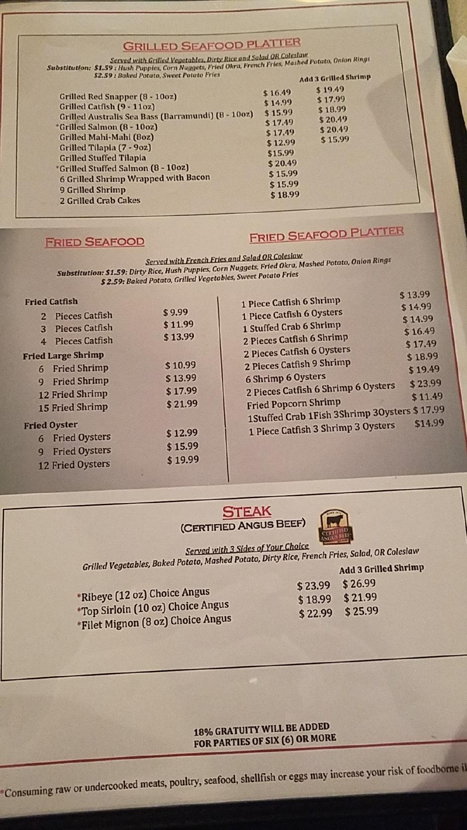 Menu at Sam's Seafood and Steak steakhouse, Cypress