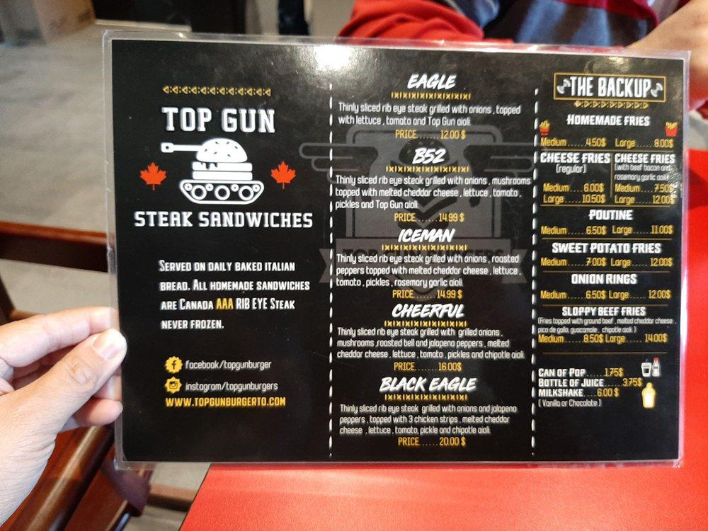 Menu at Top Gun Burger restaurant, Richmond Hill
