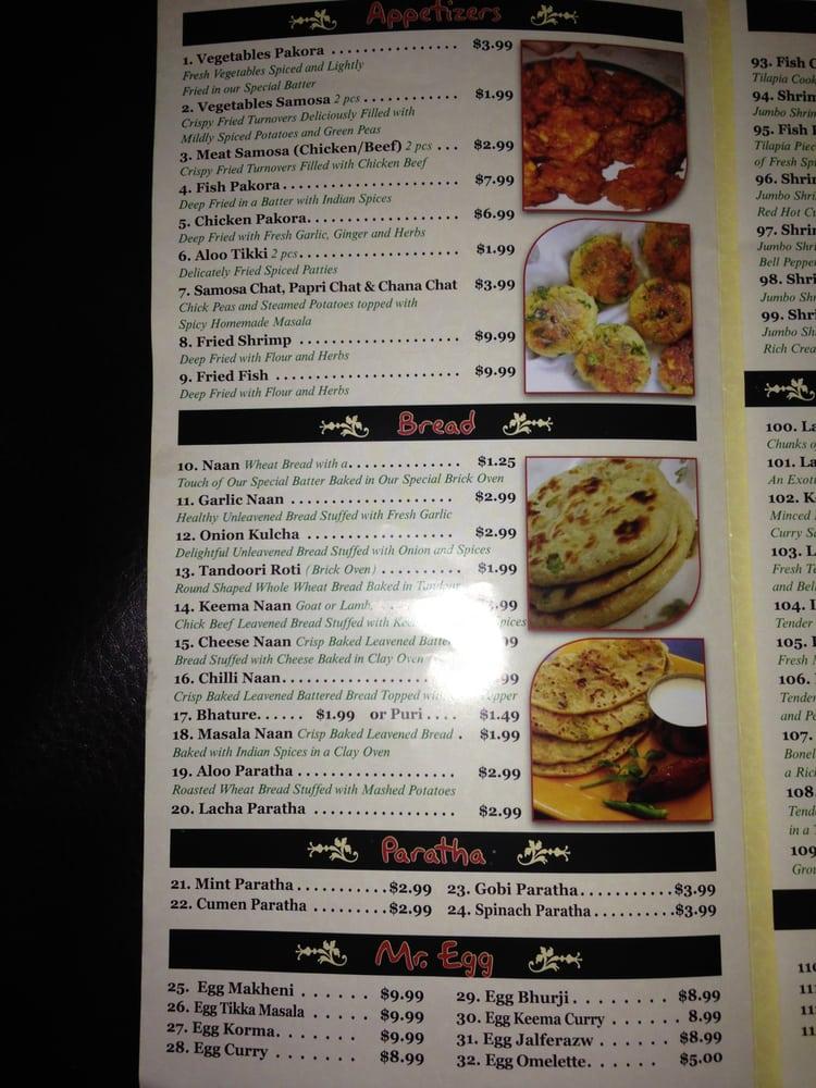Menu at Zaika Pakistani restaurant, Philadelphia