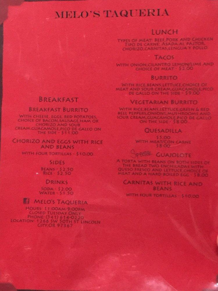 Menu at Melo's Taqueria restaurant, Lincoln City