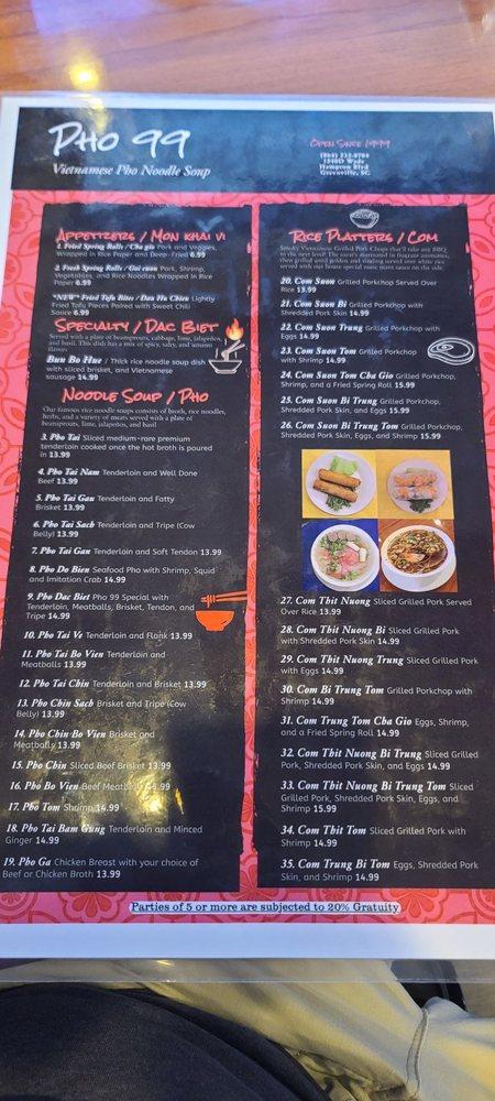 Menu at Pho 99 restaurant, Greenville, D Wade Hampton Blvd