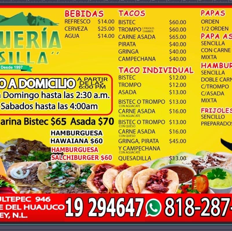 Menu at TAQUERIA LA SILLA restaurant, Monterrey, Esquina