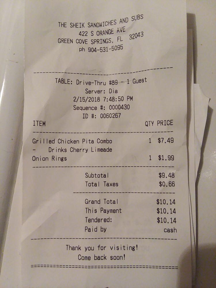 Menu at The Sheik Sandwiches and Subs restaurant, Green Cove Springs