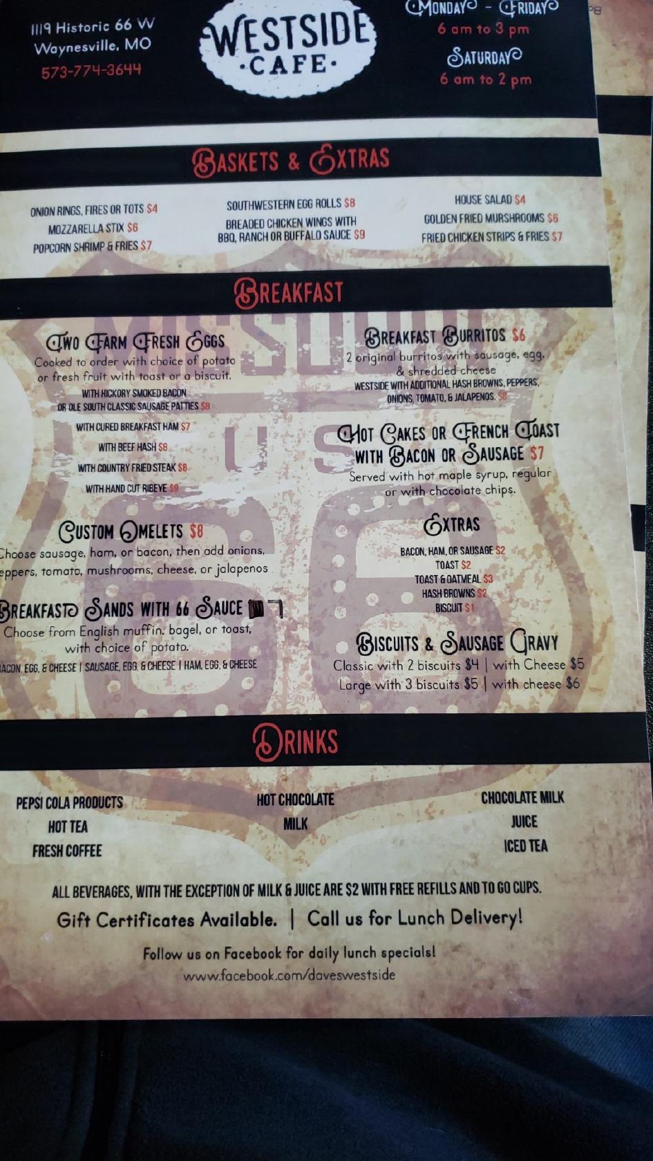 Menu at Westside Cafe, Waynesville