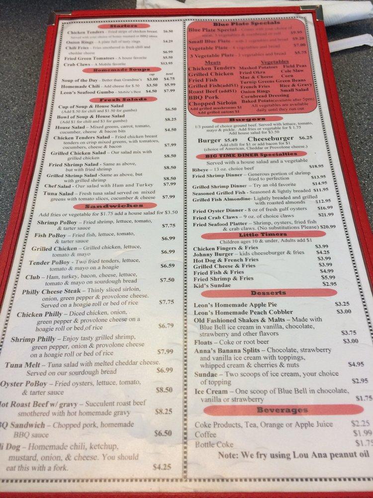 Menu at Big Time Diner restaurant, Mobile