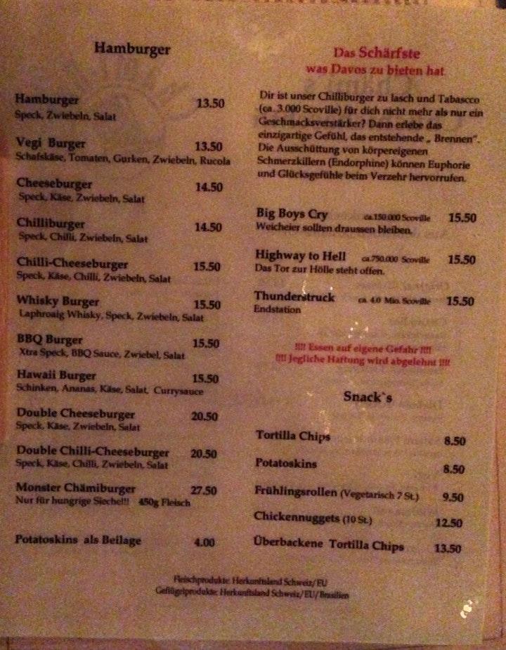 Speisekarte von Chämi Bar, Davos, Promenade 83