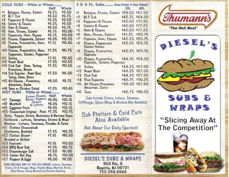Menu at Diesel's Subs & Wraps restaurant, Berkeley Township, 950 ...
