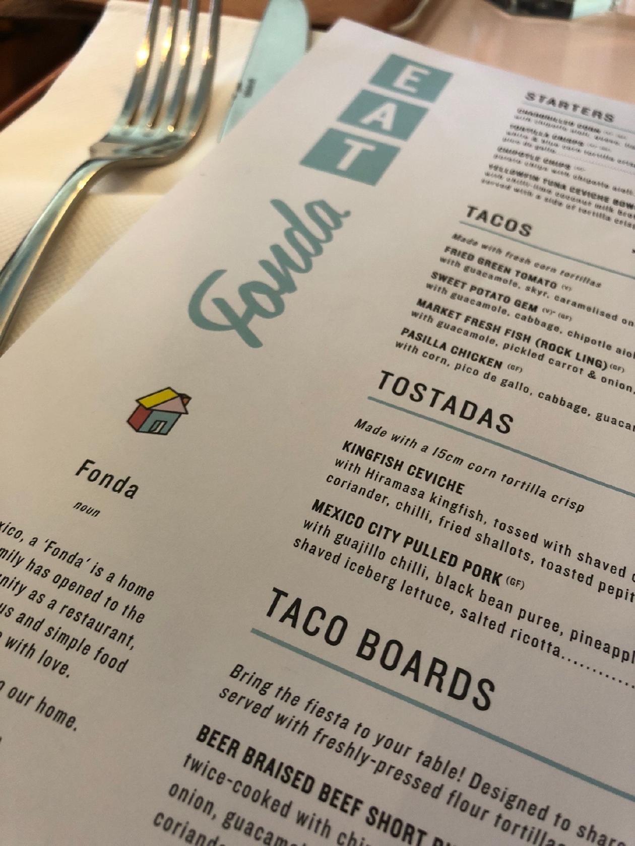 Menu at Fonda Mexican restaurant, Bondi Beach