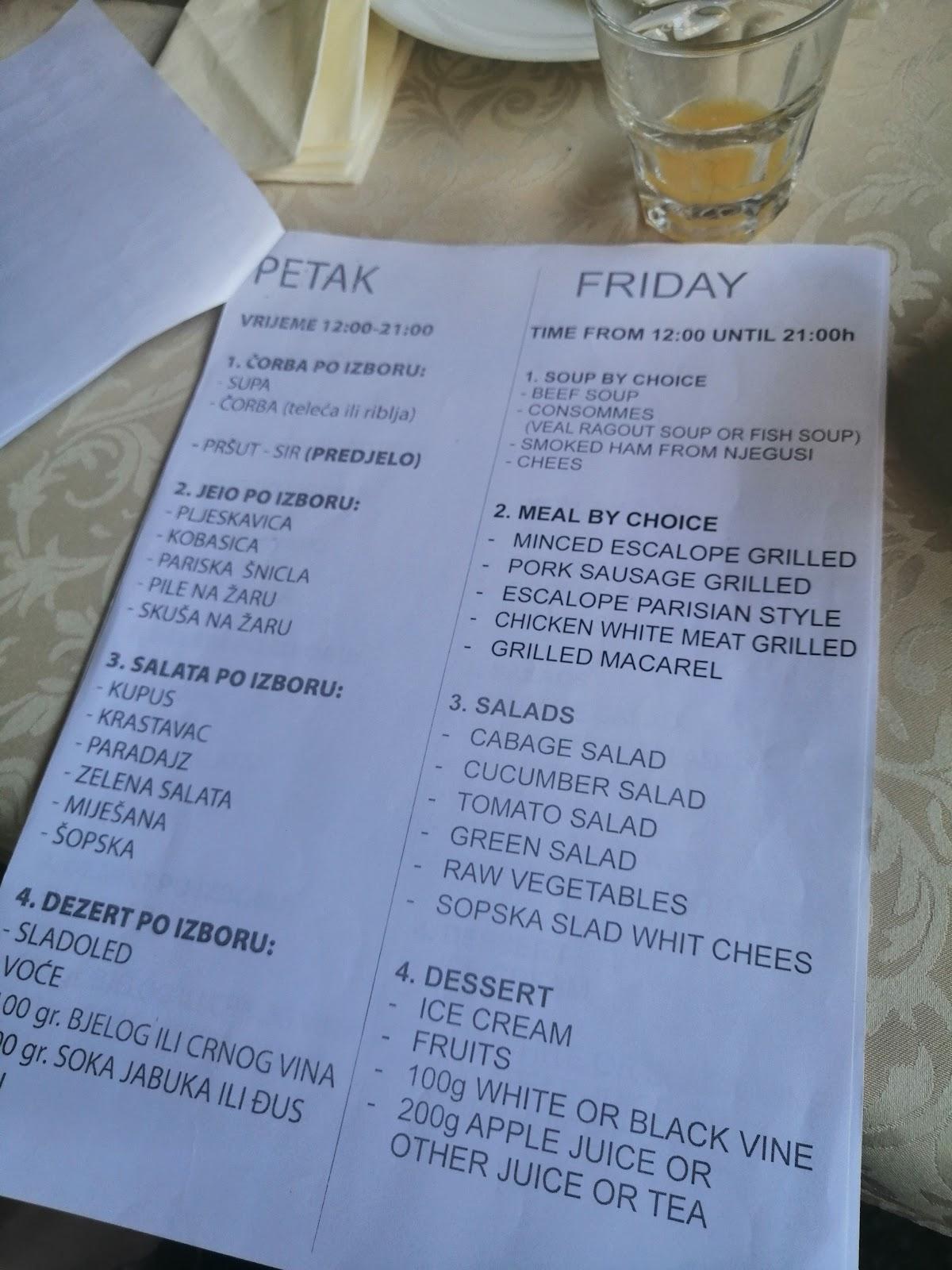 Menu at L&M restaurant, Budva