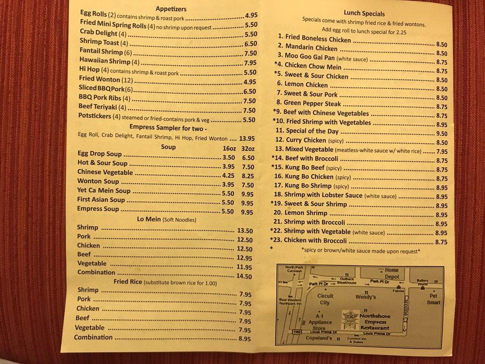 Menu at Northshore Empress restaurant, Covington