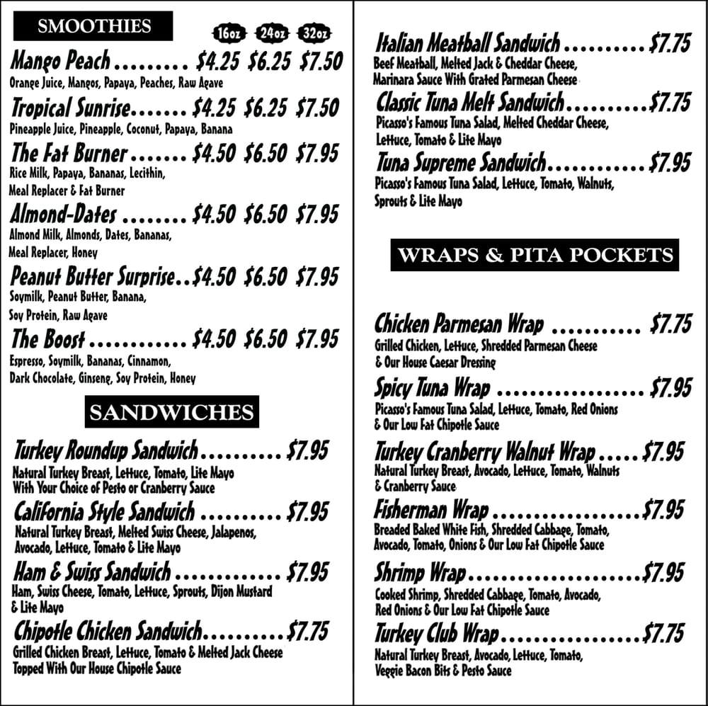 Menu at Picasso Naturals restaurant, San Diego