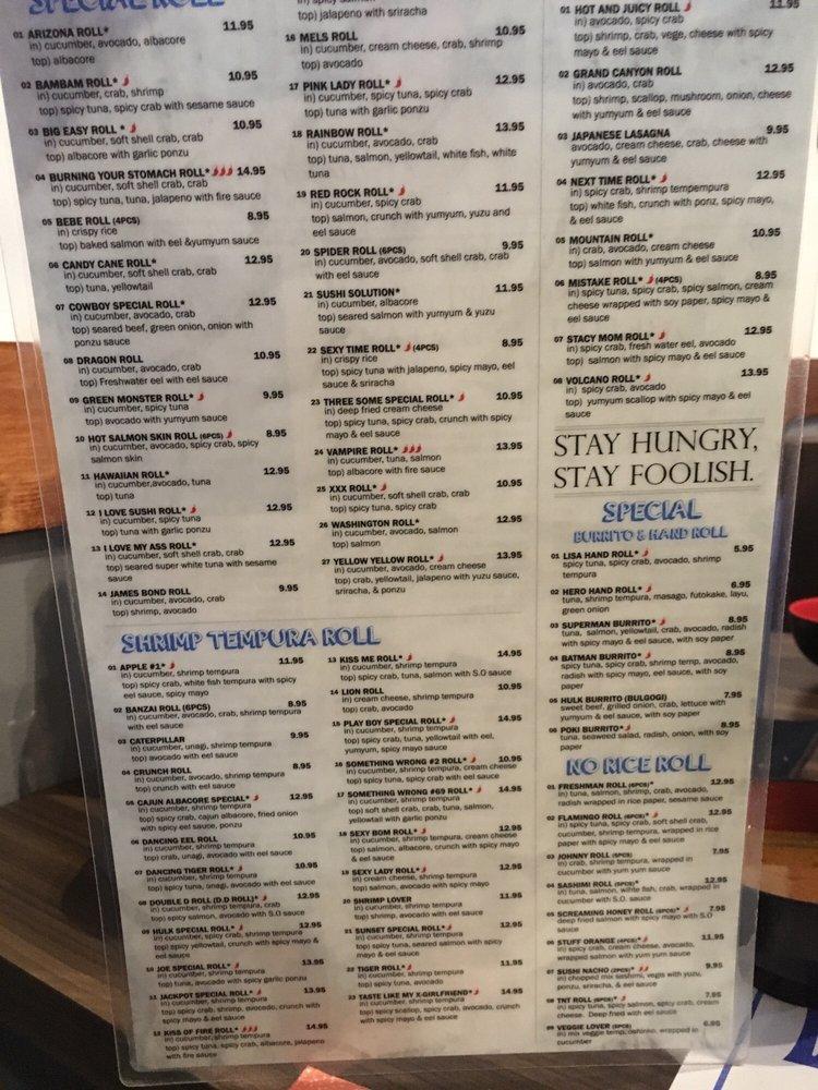 Menu at Sushi Hero restaurant, Las Vegas