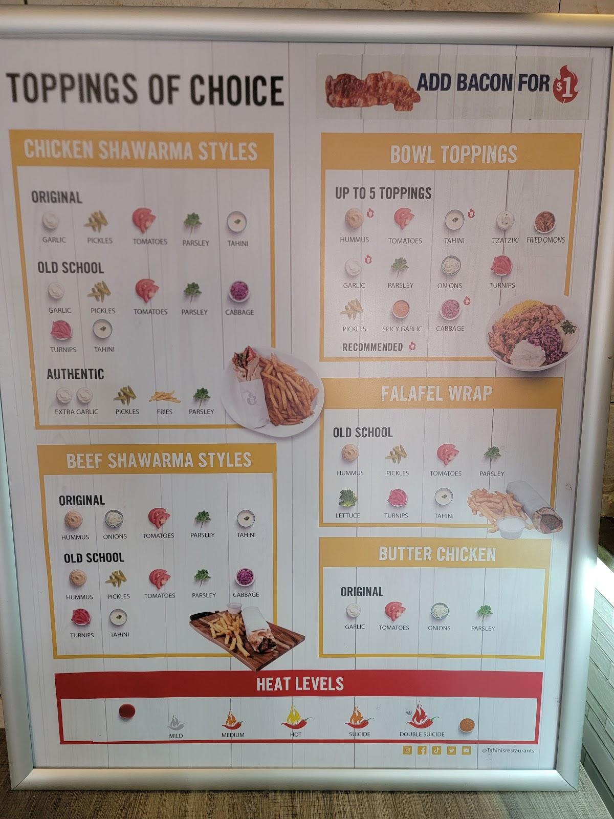 Menu at Tahini's Shawarma restaurant, London, 11-551 Richmond St