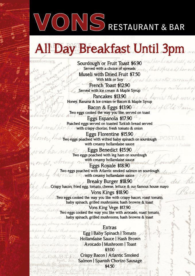 Menu at Vons Restaurant & Bar, Melbourne